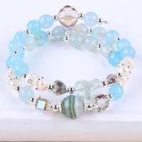 China 8mm Blue Agate Round Bead Bangle with Fresh Water Pearl - Adjustable Unisex Jewelry - 2PCS MOQ for sale