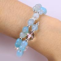 China 8mm Blue Agate Round Bead Bangle with Fresh Water Pearl - Adjustable Unisex Jewelry - 2PCS MOQ for sale