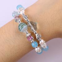 China 8mm Blue Agate Round Bead Bangle with Fresh Water Pearl - Adjustable Unisex Jewelry - 2PCS MOQ for sale