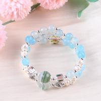 China 8mm Blue Agate Round Bead Bangle with Fresh Water Pearl - Adjustable Unisex Jewelry - 2PCS MOQ for sale