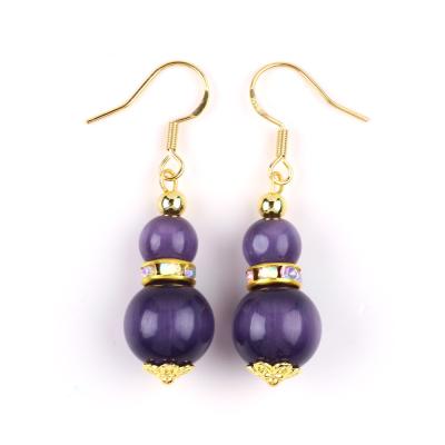 China Purple Cat Eye Gemstone Drop Earrings with 8MM 10MM Round Beads - Copper Gold Plating Unisex Dangle Design for sale