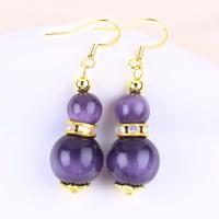 China Purple Cat Eye Gemstone Drop Earrings with 8MM 10MM Round Beads - Copper Gold Plating Unisex Dangle Design for sale