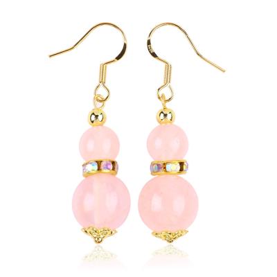 China Rose Quartz Crystal Dangle Earrings with Gold Plating - 2 Piece MOQ Round Bead Design for Daily Wear for sale
