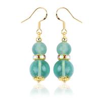China Handmade Green Fluorite Crystal Short Drop Earrings with Gold Plating - 2 Piece MOQ, Round Bead Design for sale