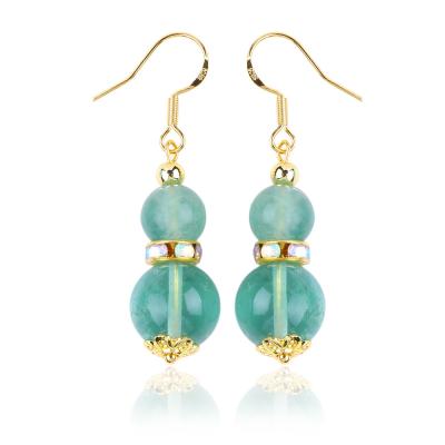 China Handmade Green Fluorite Crystal Short Drop Earrings with Gold Plating - 2 Piece MOQ, Round Bead Design for sale