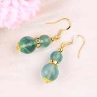China Handmade Green Fluorite Crystal Short Drop Earrings with Gold Plating - 2 Piece MOQ, Round Bead Design for sale
