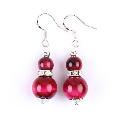China Handmade Rose Red Tiger's Eye Gemstone Earrings 2.5cm Crystal Pendant Beaded Jewelry for sale