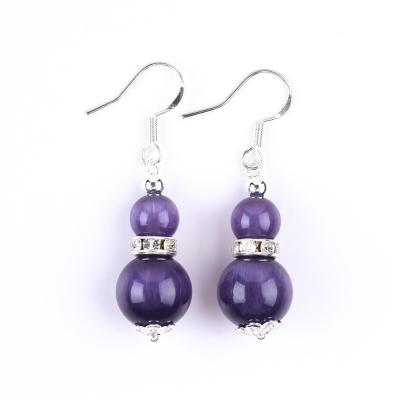China Handmade Purple Cat's Eye Gemstone Beaded Pendant Earrings 2.5cm Fashion Jewelry for sale