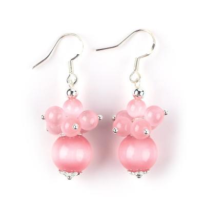 China Handmade Pink Cat's Eye Stone Earrings 3x2cm Gemstone Beaded Jewelry for Women for sale