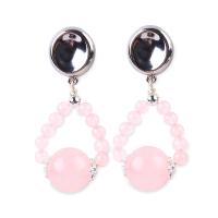 China Handmade Rose Quartz Gemstone Beaded Pendant Earrings 3.5cm Pink Crystal Jewelry for sale