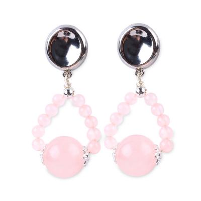 China Handmade Rose Quartz Gemstone Beaded Pendant Earrings 3.5cm Pink Crystal Jewelry for sale