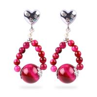 China Handmade Rose Red Tiger's Eye Gemstone Earrings 3.5cm Heart Charms Pendant Jewelry for sale