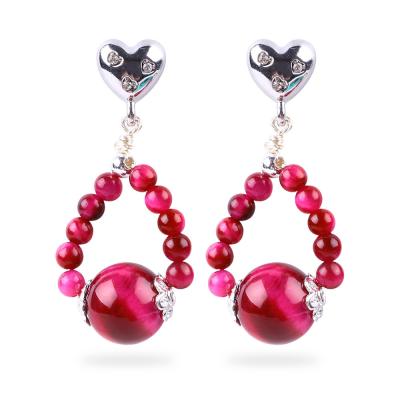China Handmade Rose Red Tiger's Eye Gemstone Earrings 3.5cm Heart Charms Pendant Jewelry for sale