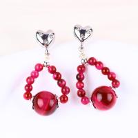 China Handmade Rose Red Tiger's Eye Gemstone Earrings 3.5cm Heart Charms Pendant Jewelry for sale
