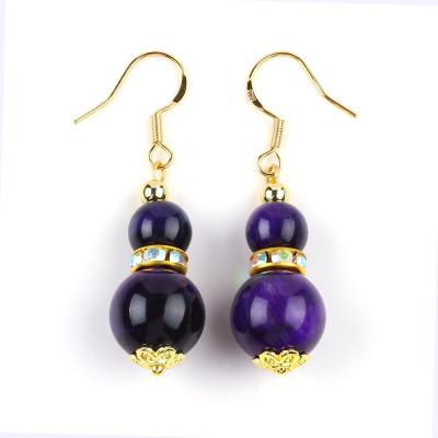 China Natural Purple Tiger Eye Crystal Round Dangle Hook Earrings 2PCS Copper Gold Plated Unisex Jewelry for sale