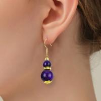 China Natural Purple Tiger Eye Crystal Round Dangle Hook Earrings 2PCS Copper Gold Plated Unisex Jewelry for sale