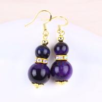 China Natural Purple Tiger Eye Crystal Round Dangle Hook Earrings 2PCS Copper Gold Plated Unisex Jewelry for sale