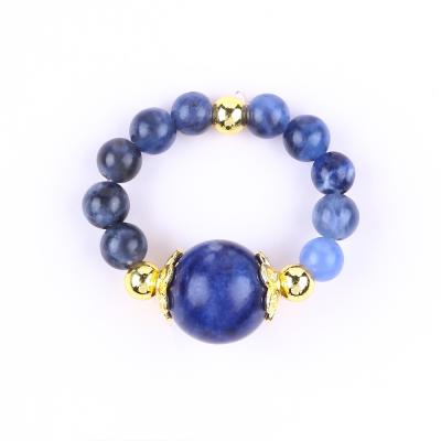 China Natural Blue Sodalite Crystal Bead Ring 4mm Copper Gold Plating Elastic Rope Jewelry Gift for sale