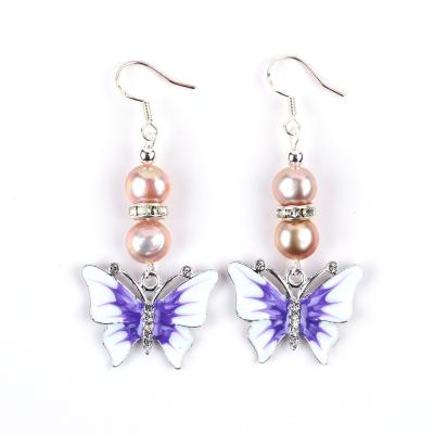 China 9MM Purple Baroque Freshwater Pearl Earrings with Butterfly Charm - Copper Silver Plating, 2PCS MOQ, Unisex Dangle Design for sale