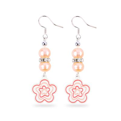China 8mm Freshwater Pink Pearl Dangle Hook Earrings with Flower Charm - Copper Silver Plating, Unisex Jewelry for sale