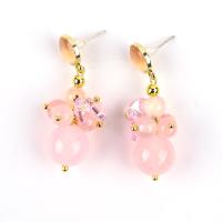 China Pink Chalcedony Crystal Stud Earrings Round Bead 8mm Copper Silver Plating Unisex Jewelry for sale