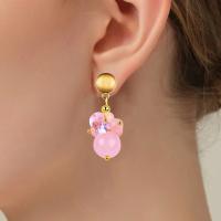 China Pink Chalcedony Crystal Stud Earrings Round Bead 8mm Copper Silver Plating Unisex Jewelry for sale