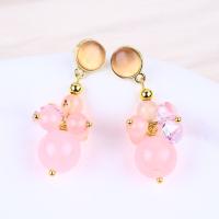 China Pink Chalcedony Crystal Stud Earrings Round Bead 8mm Copper Silver Plating Unisex Jewelry for sale
