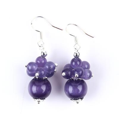 China 8mm Purple Cat Eye Handmade Drop Earrings Copper Silver Plating Unisex Jewelry for sale