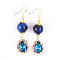China 12mm Blue Tiger Eye Crystal Round Beaded Short Dangle Earring Copper Gold Plated Unisex Jewelry for sale