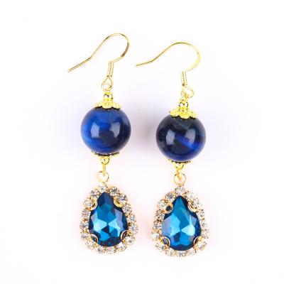 China 12mm Blue Tiger Eye Crystal Round Beaded Short Dangle Earring Copper Gold Plated Unisex Jewelry for sale