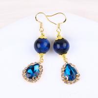 China 12mm Blue Tiger Eye Crystal Round Beaded Short Dangle Earring Copper Gold Plated Unisex Jewelry for sale