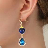 China 12mm Blue Tiger Eye Crystal Round Beaded Short Dangle Earring Copper Gold Plated Unisex Jewelry for sale