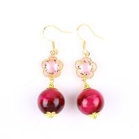 China 14mm Rose Red Tiger Eye Short Dangle Earrings with Pink Flower Charm Round Shape for Party Gift for sale