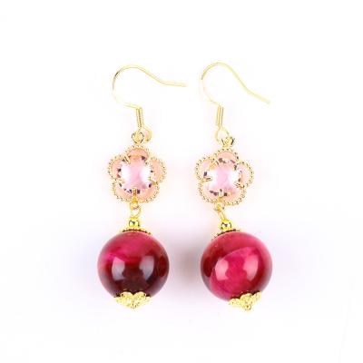 China 14mm Rose Red Tiger Eye Short Dangle Earrings with Pink Flower Charm Round Shape for Party Gift for sale