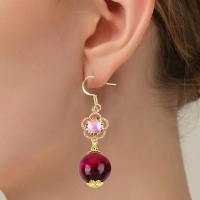 China 14mm Rose Red Tiger Eye Short Dangle Earrings with Pink Flower Charm Round Shape for Party Gift for sale