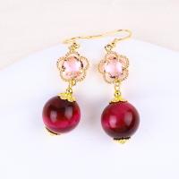 China 14mm Rose Red Tiger Eye Short Dangle Earrings with Pink Flower Charm Round Shape for Party Gift for sale