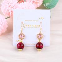 China 14mm Rose Red Tiger Eye Short Dangle Earrings with Pink Flower Charm Round Shape for Party Gift for sale