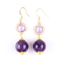 China 14mm Natural Amethyst Crystal Round Bead Short Dangle Earrings Copper Gold Plated Unisex Jewelry Gift for sale