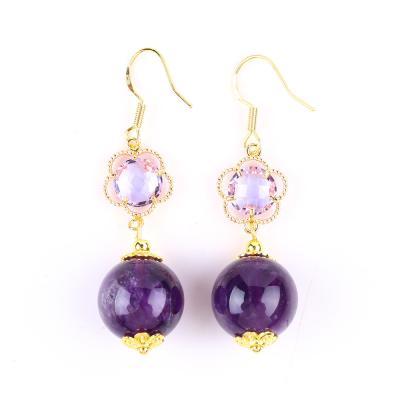 China 14mm Natural Amethyst Crystal Round Bead Short Dangle Earrings Copper Gold Plated Unisex Jewelry Gift for sale