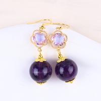 China 14mm Natural Amethyst Crystal Round Bead Short Dangle Earrings Copper Gold Plated Unisex Jewelry Gift for sale