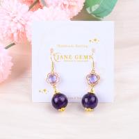 China 14mm Natural Amethyst Crystal Round Bead Short Dangle Earrings Copper Gold Plated Unisex Jewelry Gift for sale