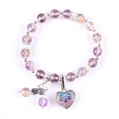 China Handmade Lavender Azeztulite Natural Stone Bead Bracelet 8mm Round with Heart Charm for Gift for sale