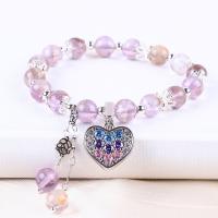 China Handmade Lavender Azeztulite Natural Stone Bead Bracelet 8mm Round with Heart Charm for Gift for sale