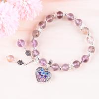 China Handmade Lavender Azeztulite Natural Stone Bead Bracelet 8mm Round with Heart Charm for Gift for sale