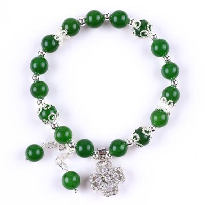 China 8mm Darker Green Jade Beaded Bracelet with Spinner Flower Charm Spiritual Healing Round Stretch for sale