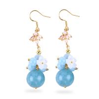 China Handmade Dyed Aquamarine Crystal Round Bead Dangle Earrings Copper Gold Plating 2PCS for sale
