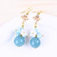 China Handmade Dyed Aquamarine Crystal Round Bead Dangle Earrings Copper Gold Plating 2PCS for sale