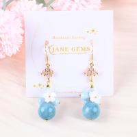 China Handmade Dyed Aquamarine Crystal Round Bead Dangle Earrings Copper Gold Plating 2PCS for sale