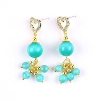 China Handmade 6mm 12mm Green Cat Eye Gemstone Dangle Earrings Copper Gold Plating Natural Stone for sale
