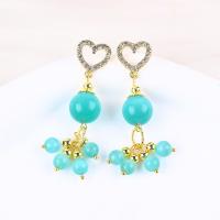 China Handmade 6mm 12mm Green Cat Eye Gemstone Dangle Earrings Copper Gold Plating Natural Stone for sale
